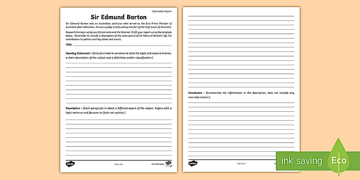 Sir Edmund Barton Report Writing Template - Year 6 History