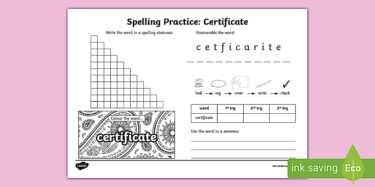 Certificate Spelling Practice Worksheet (teacher made)