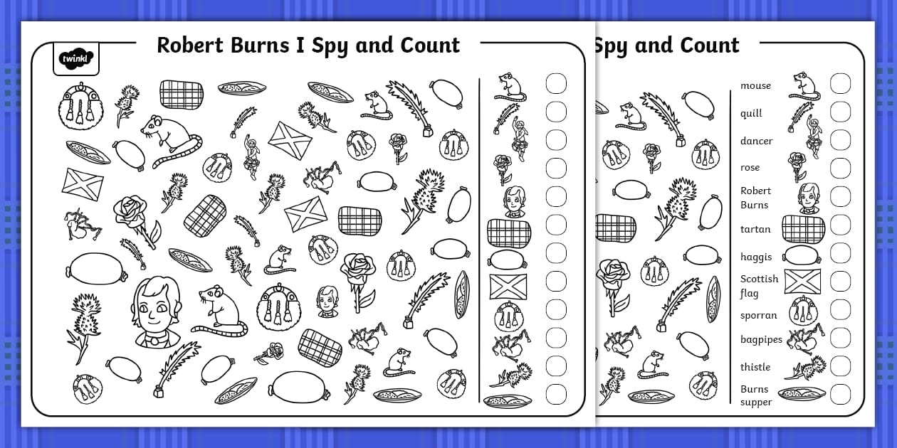 Robert Burns I Spy and Count Colouring Page (teacher made)