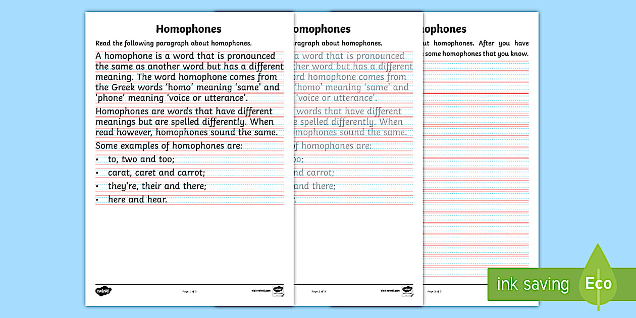 Homophones Handwriting Worksheet / Worksheet - Twinkl