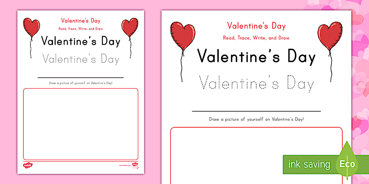 Valentine's Day Read, Trace, and Draw Writing Worksheet
