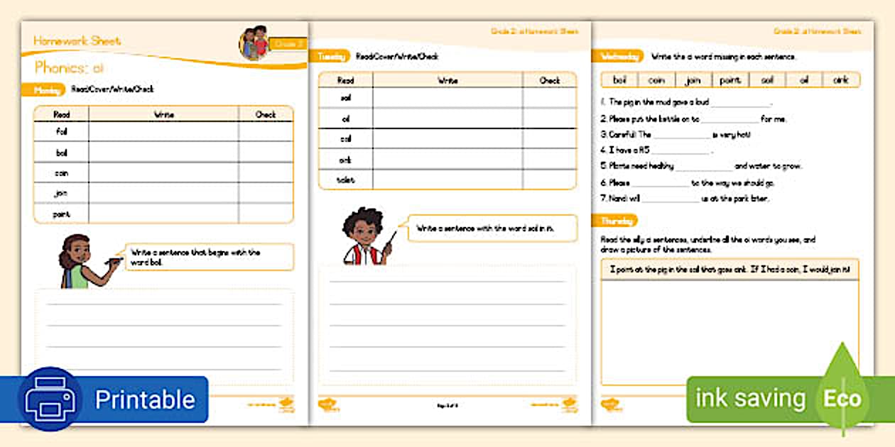 Grade 2 Phonics: oi Homework Sheet (teacher made) - Twinkl