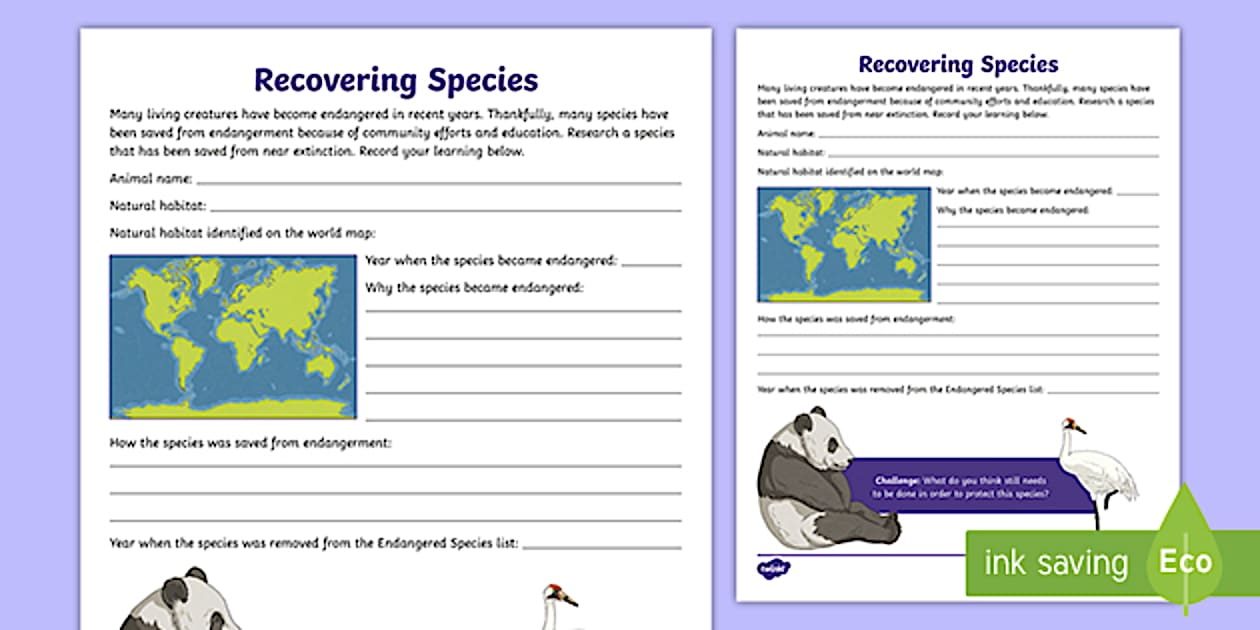 Recovering Endangered Species Research Worksheet for 3rd-5th Grade