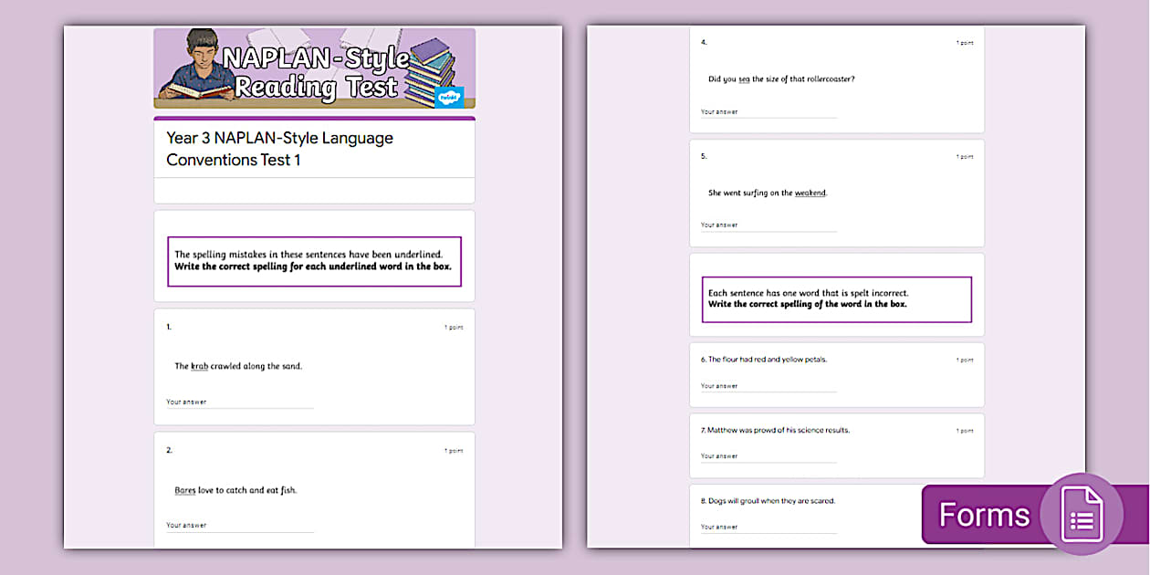 Year 3 NAPLAN-Style Language Conventions Test 1 Google Form