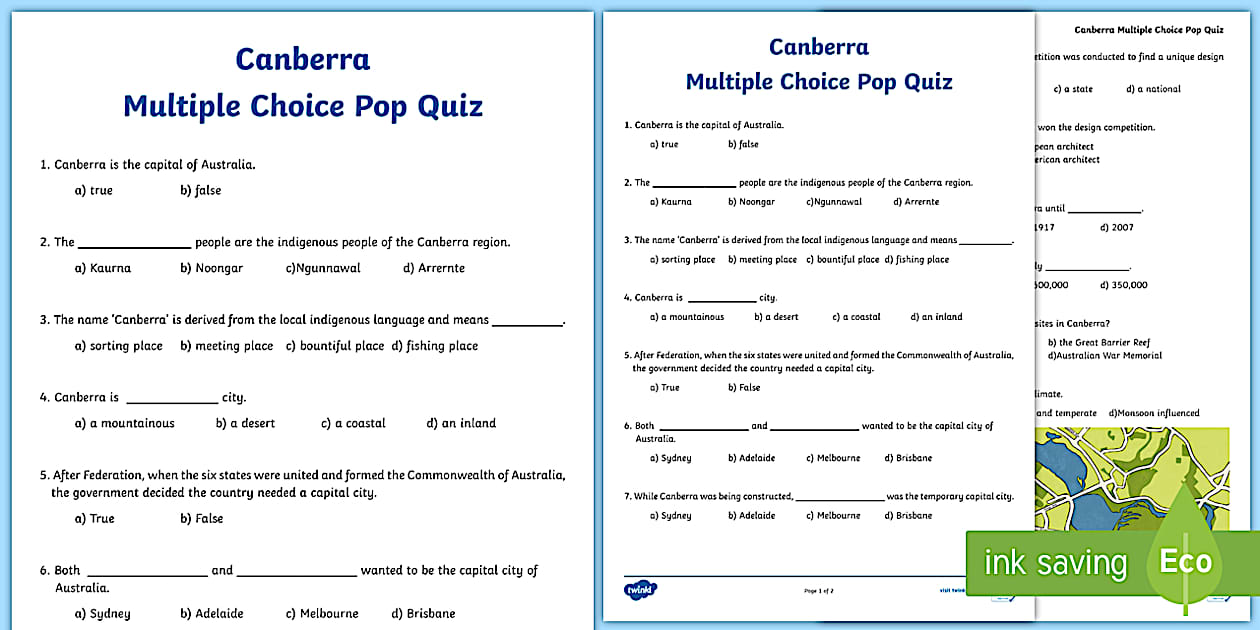 Canberra Multiple Choice Pop Quiz - Twinkl