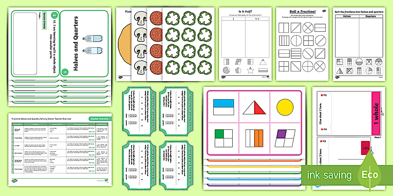 Halves and Quarters Activities – Fractions Stations – CfE