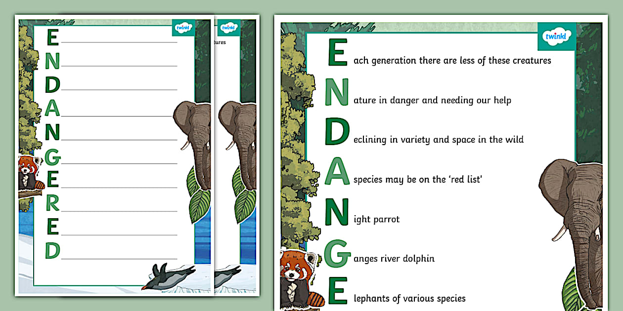Endangered Acrostic Poem Example and Template (teacher made)