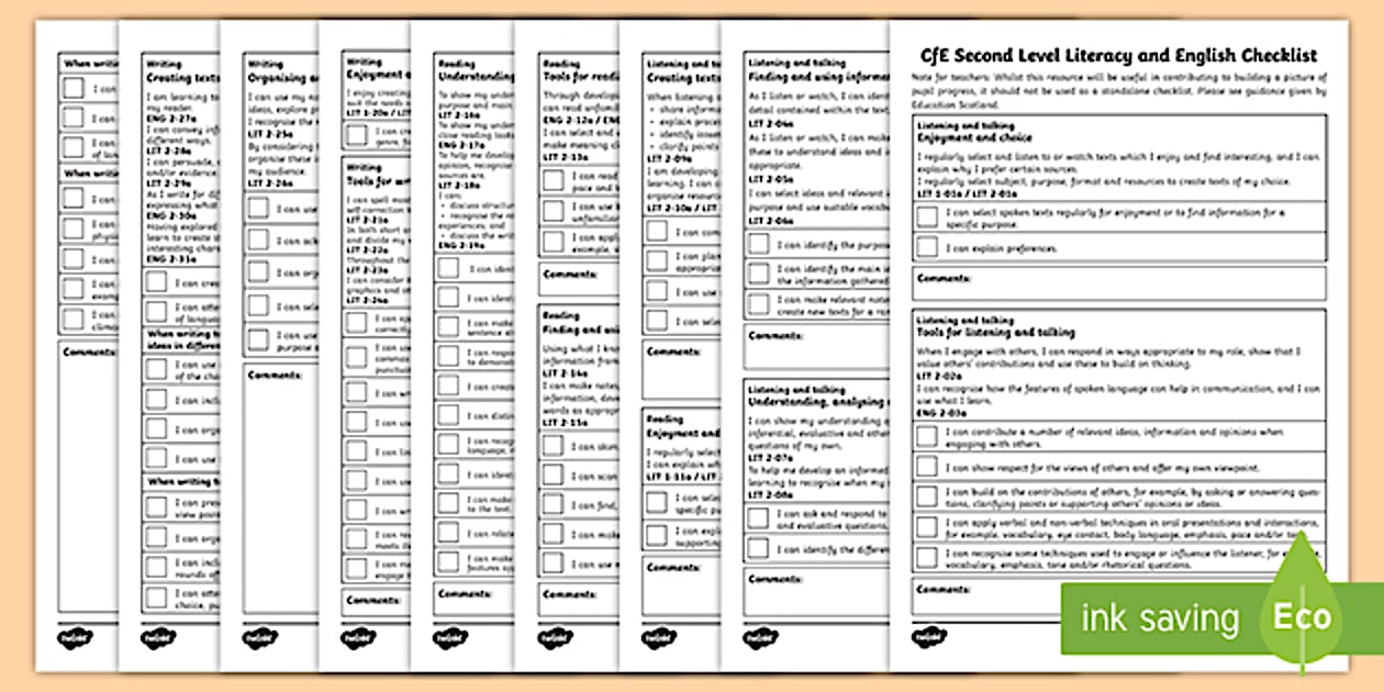 Editable CfE Second Level Literacy and English Checklist