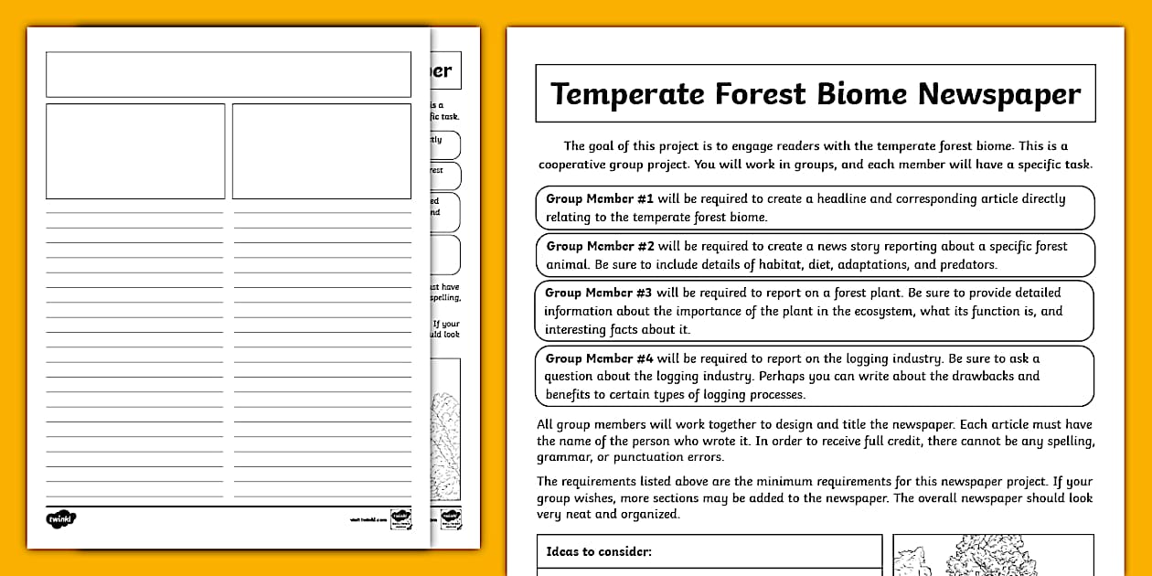 Temperate Forest Biome Newspaper Group Worksheet - Twinkl