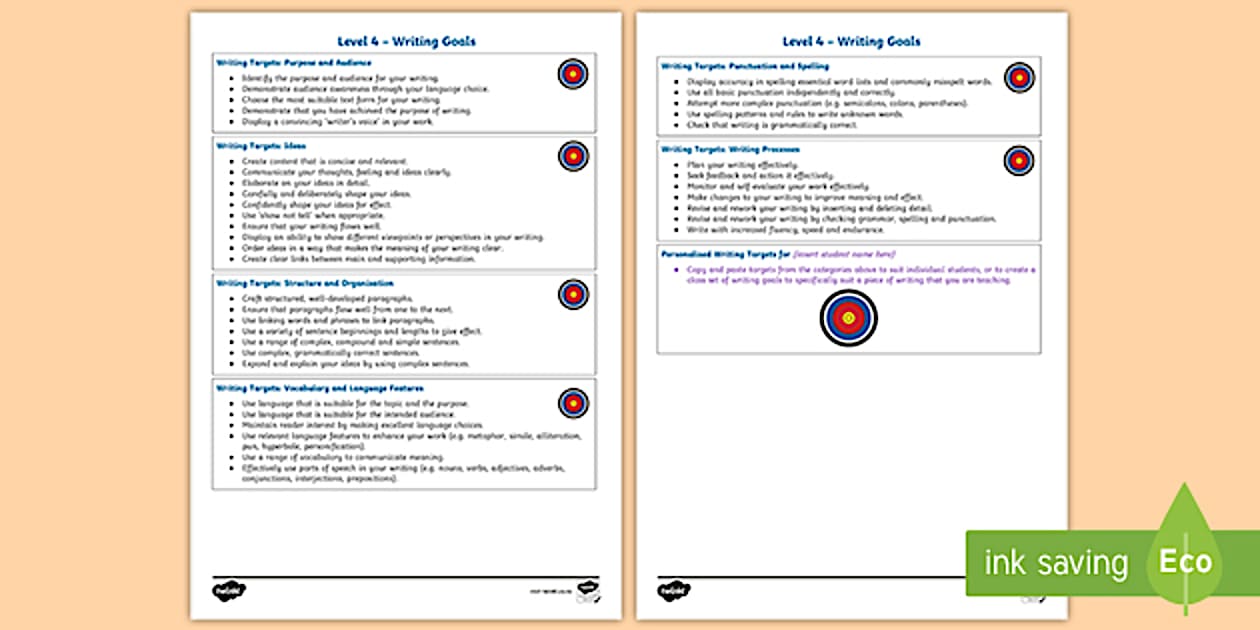 Editable Writing Goals- Level 4 (teacher made) - Twinkl