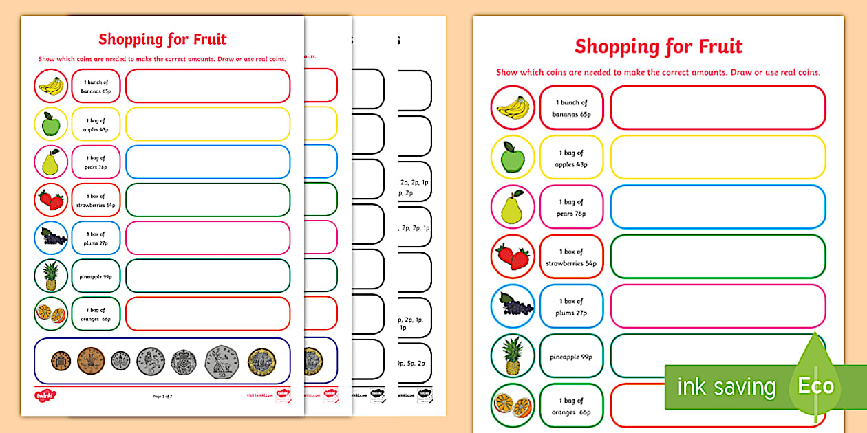 Shopping for Fruit Worksheet / Worksheet - Twinkl