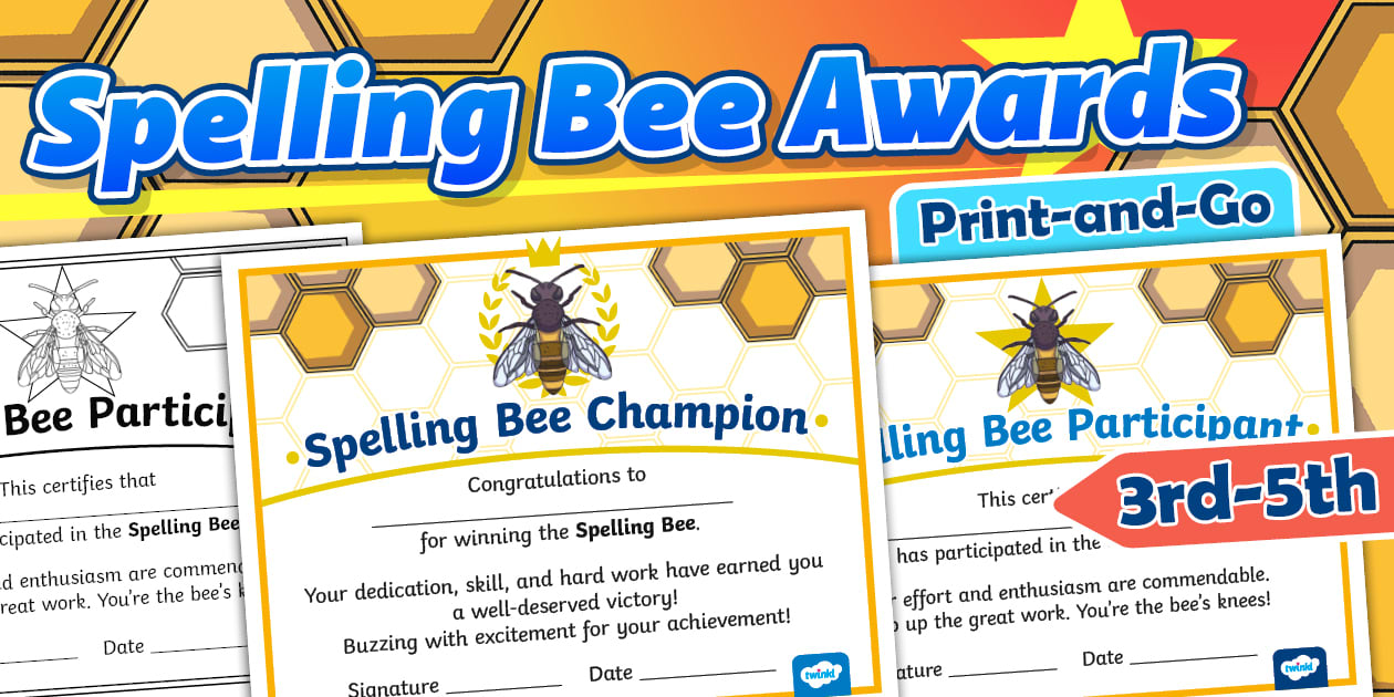 Spelling Bee Award Certificates for 3rd-5th Grade - Twinkl