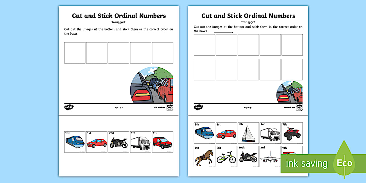 Editable Transport Themed Ordinal Numbers Cut and Stick Activity