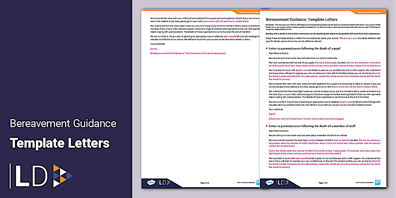 FREE! - Bereavement Guidance: Template Letters to Parents/Carers
