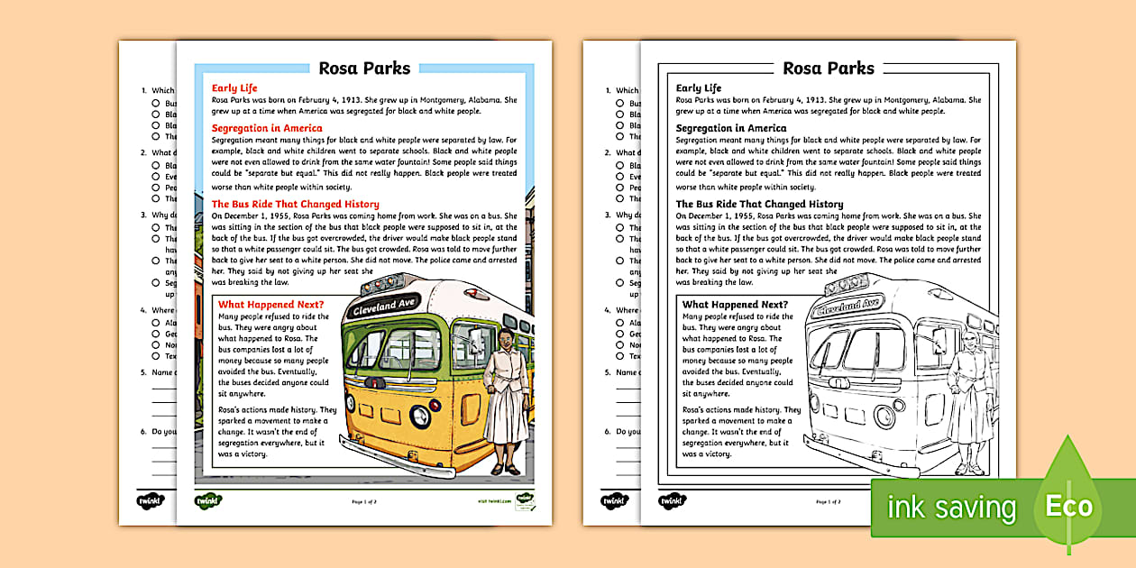 Third Grade Rosa Parks Reading Comprehension Activity