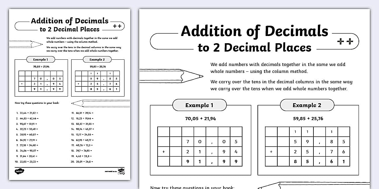 Addition of Decimals to 2 Decimal Places Activity Sheet
