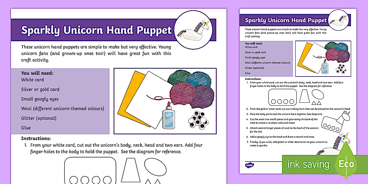 Sparkly Unicorn Hand Puppet Craft Instructions - Twinkl