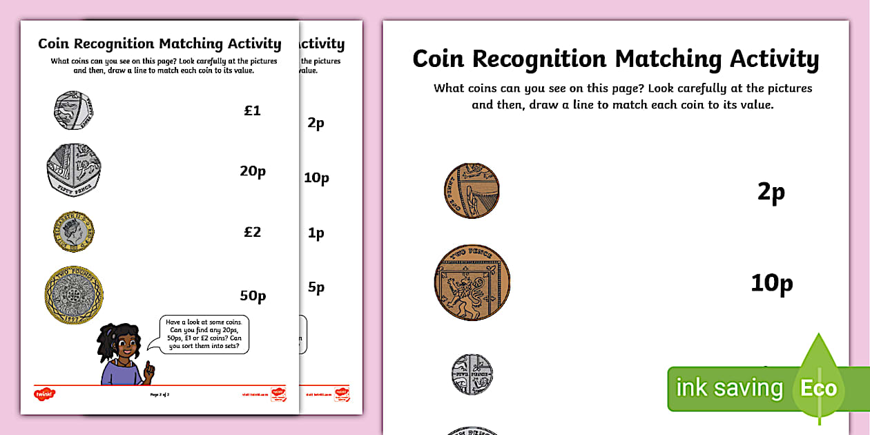 Coin Recognition Matching Worksheets - Twinkl