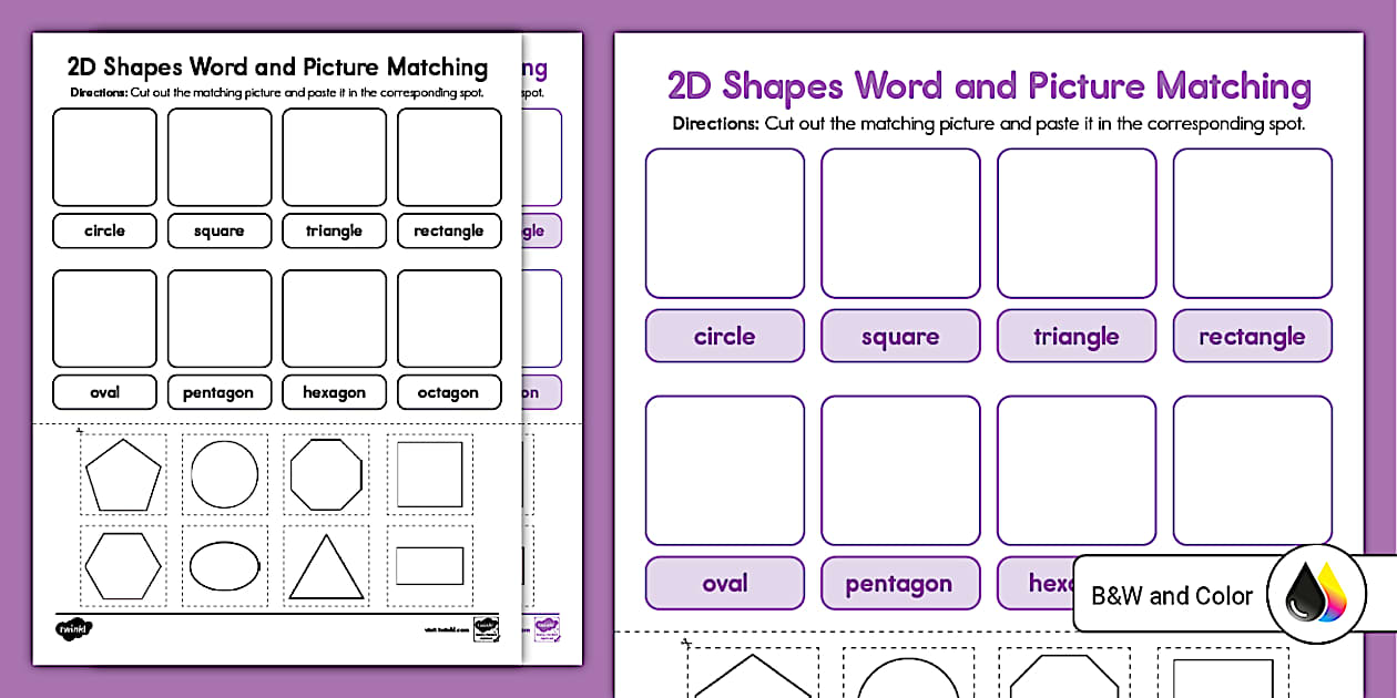 Kindergarten 2D Shapes Word and Picture Matching Worksheet