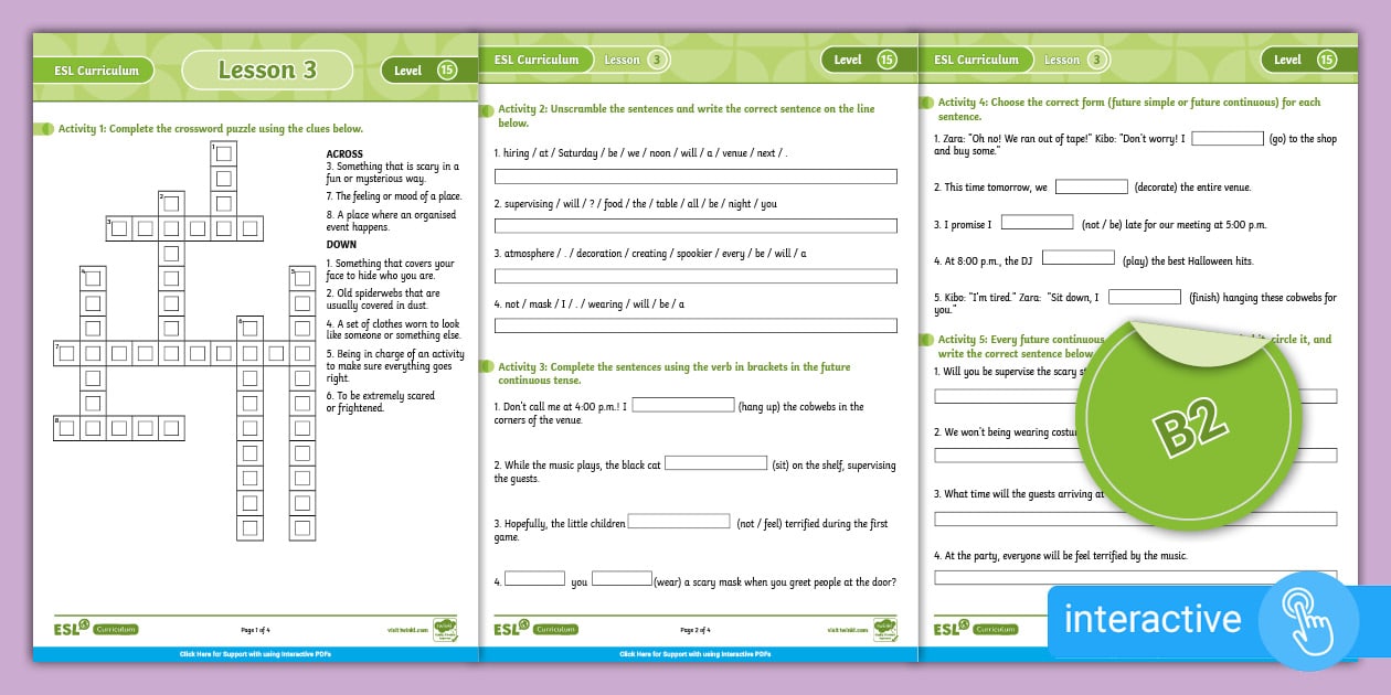 ESL Curriculum Level 15, Lesson 3 Interactive Activity Sheet