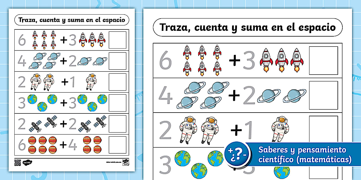Trazo de números y sumas - temática del espacio - Twinkl