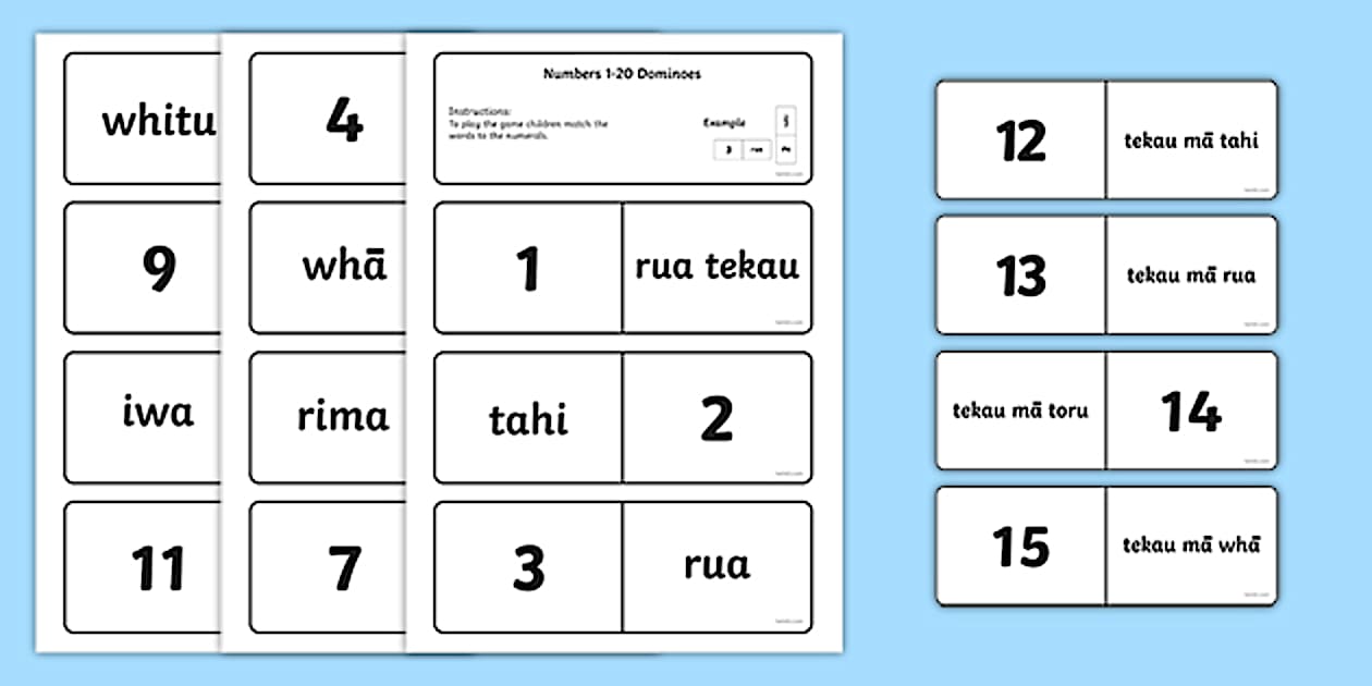 Numbers 1-20 Dominoes Te Reo Māori Translation - Twinkl