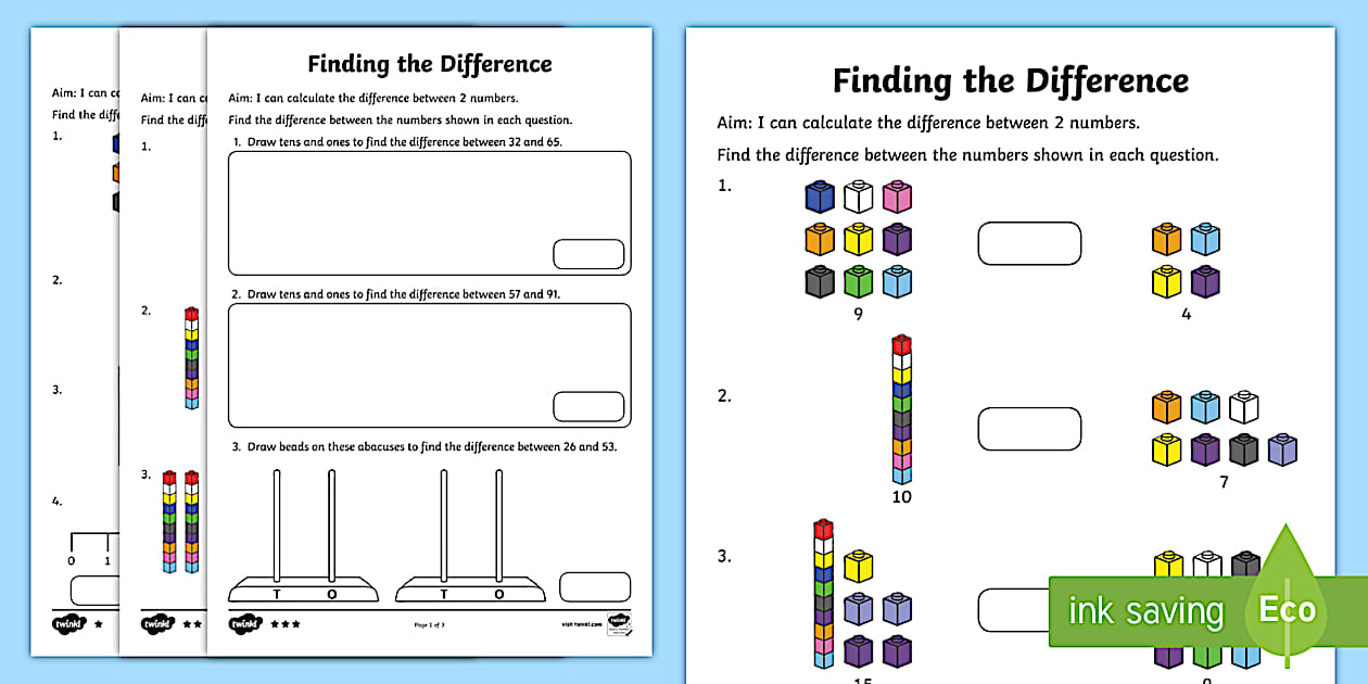 Year 2 Finding the Difference Differentiated Worksheet / Worksheets