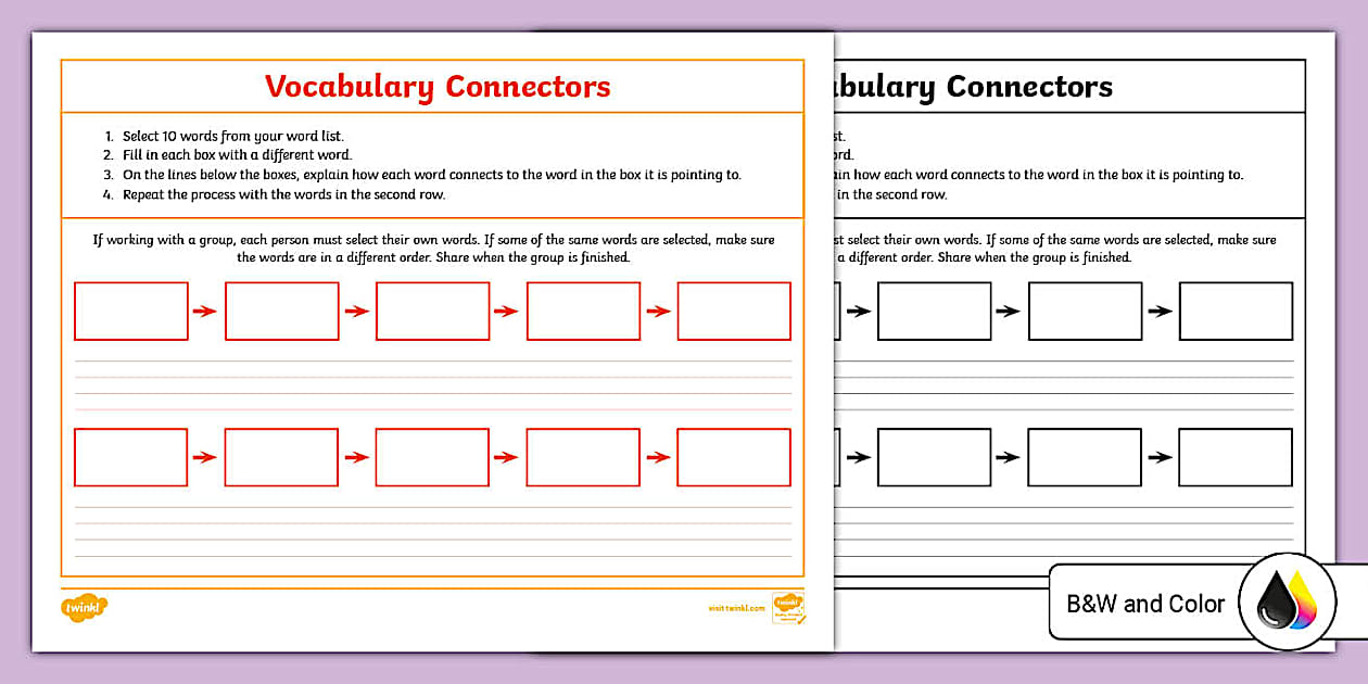 Vocabulary Connectors Worksheet for 6th-8th Grade - Twinkl
