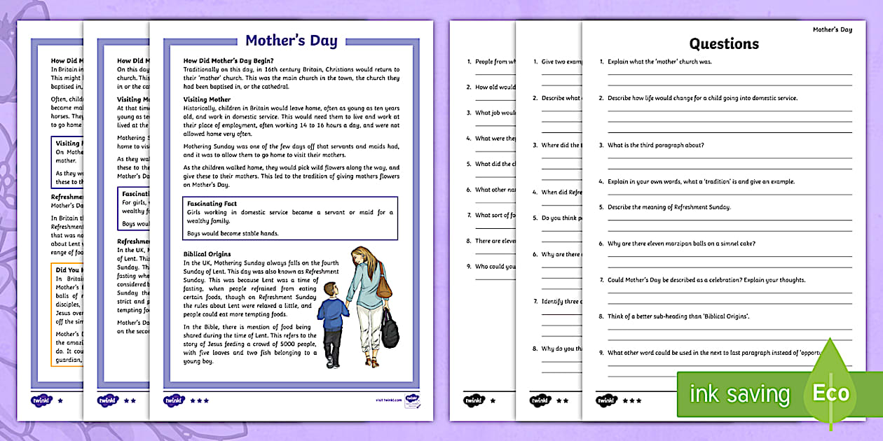 Middle Ability Mother's Day Years 3-6 Differentiated Reading Comprehension