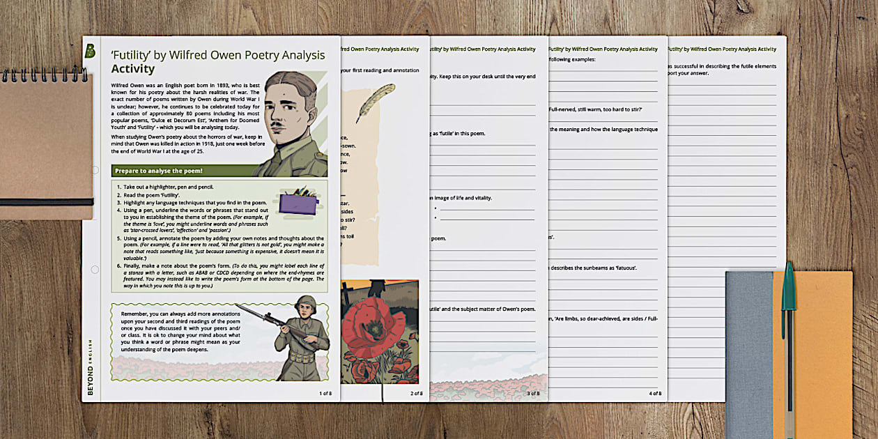 'Futility' by Wilfred Owen Poetry Analysis Activity - Twinkl