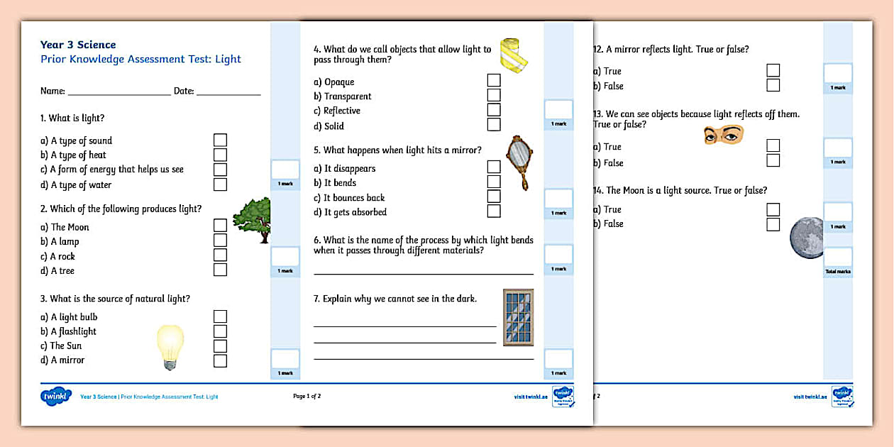 Light Pre-Unit Assessment Test Year 3 (teacher made)