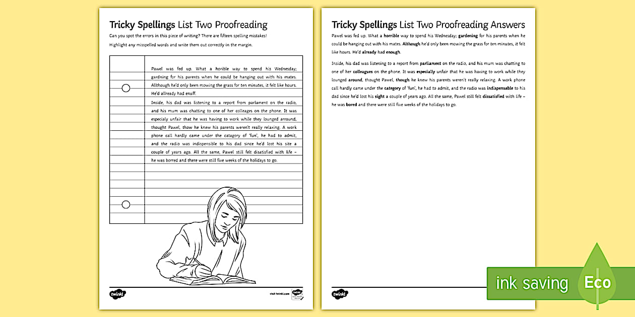 Tricky Spellings List Two - Proofreading Worksheet / Worksheet