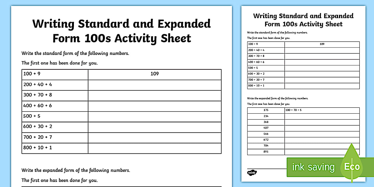 Writing Standard and Expanded Form 100s Worksheet / Worksheet