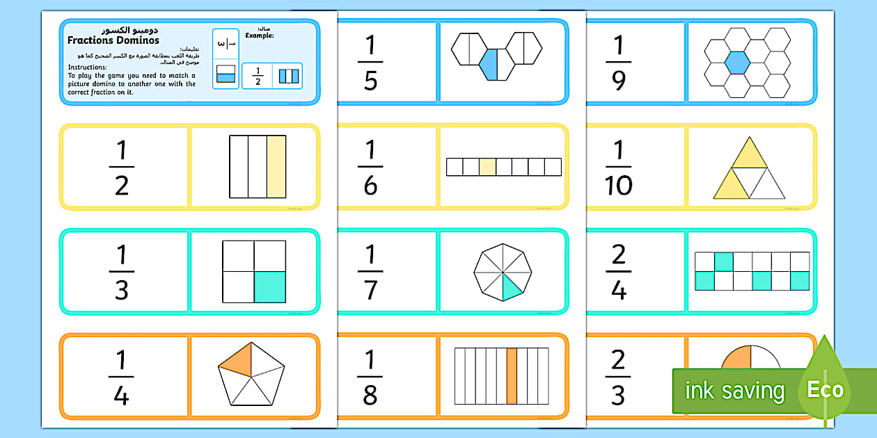 Fractions Dominoes Arabic/English (teacher made) - Twinkl