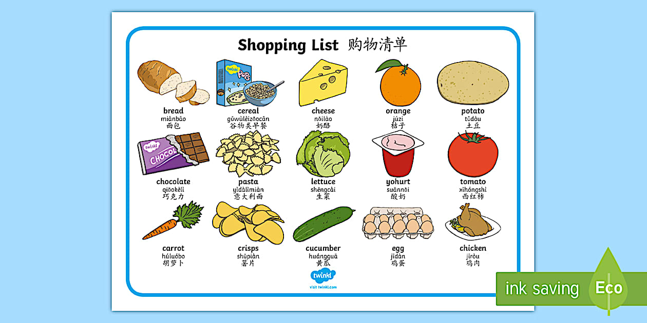 Shopping List Word Mat English/Mandarin Chinese/Pinyin - Shopping List Word