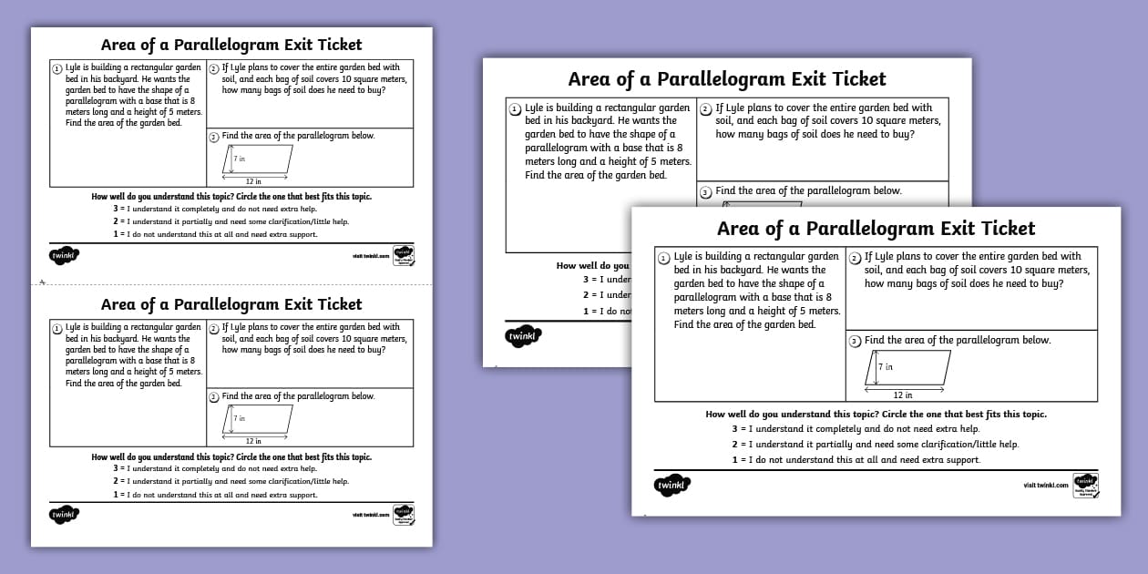 Seventh Grade Area of a Parallelogram Exit Ticket - Twinkl