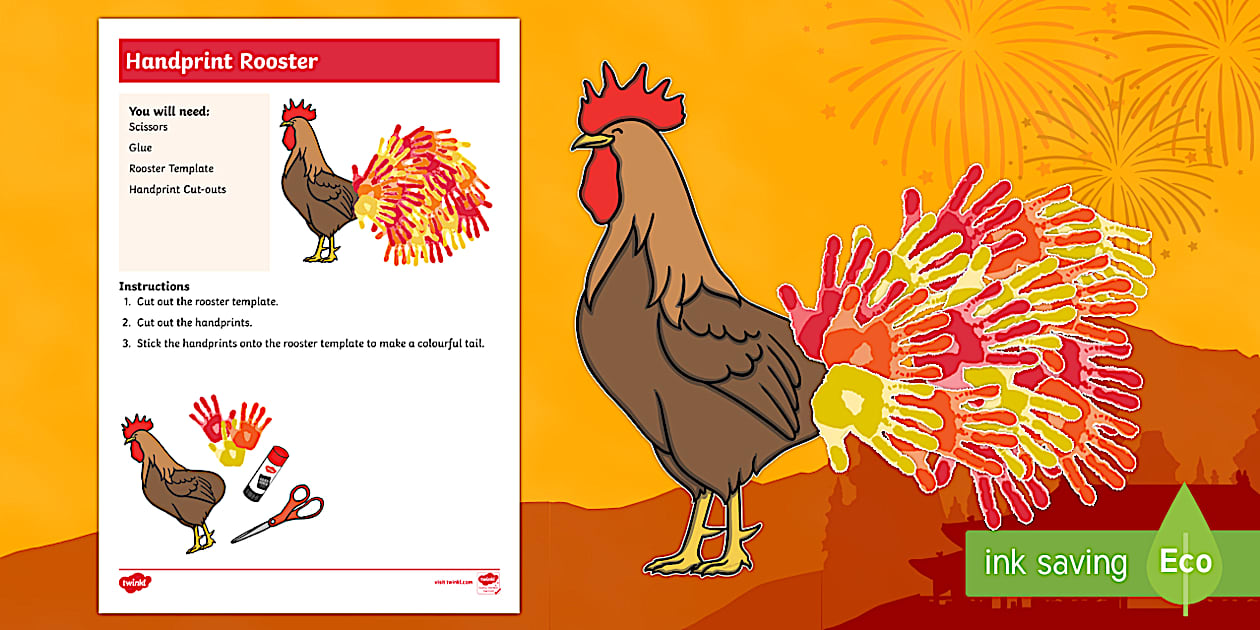 Chinese New Year Rooster with Handprints Tail Craft Instructions