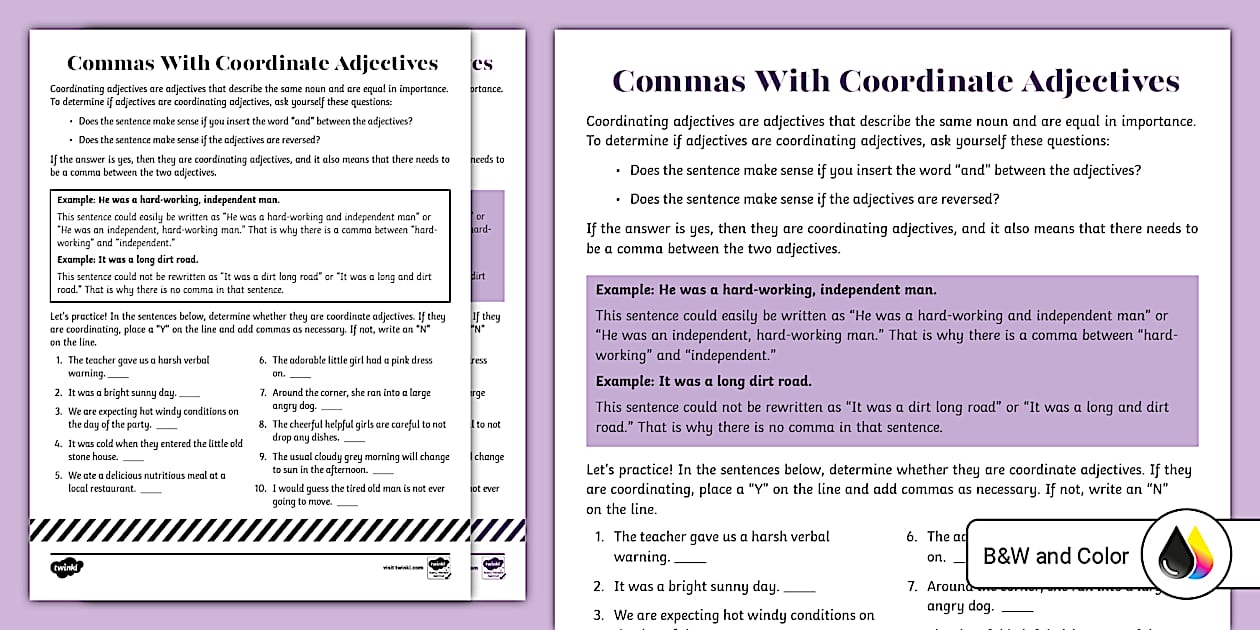 Commas With Coordinate Adjectives Worksheet for 6th-8th Grade
