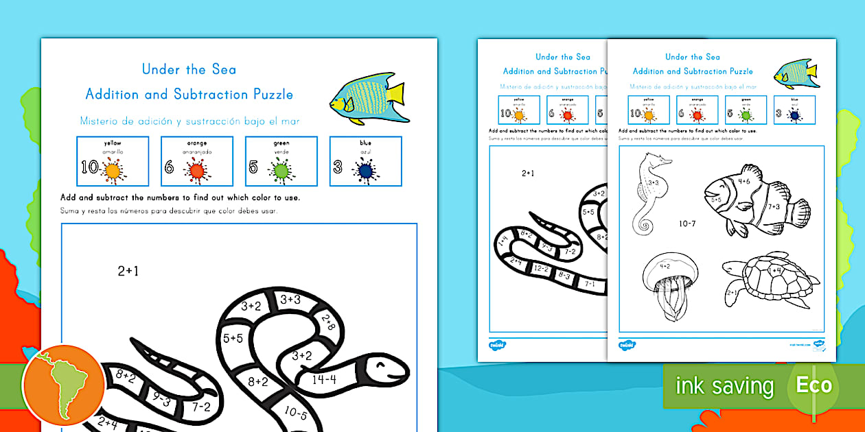 Under the Sea Addition and Subtraction Puzzle 0-10 English/Spanish ...