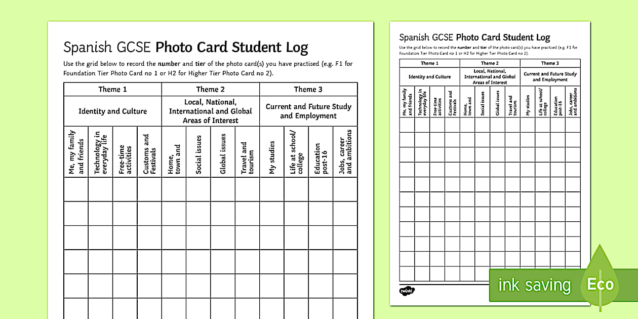 Spanish GCSE Photo Card Student Log