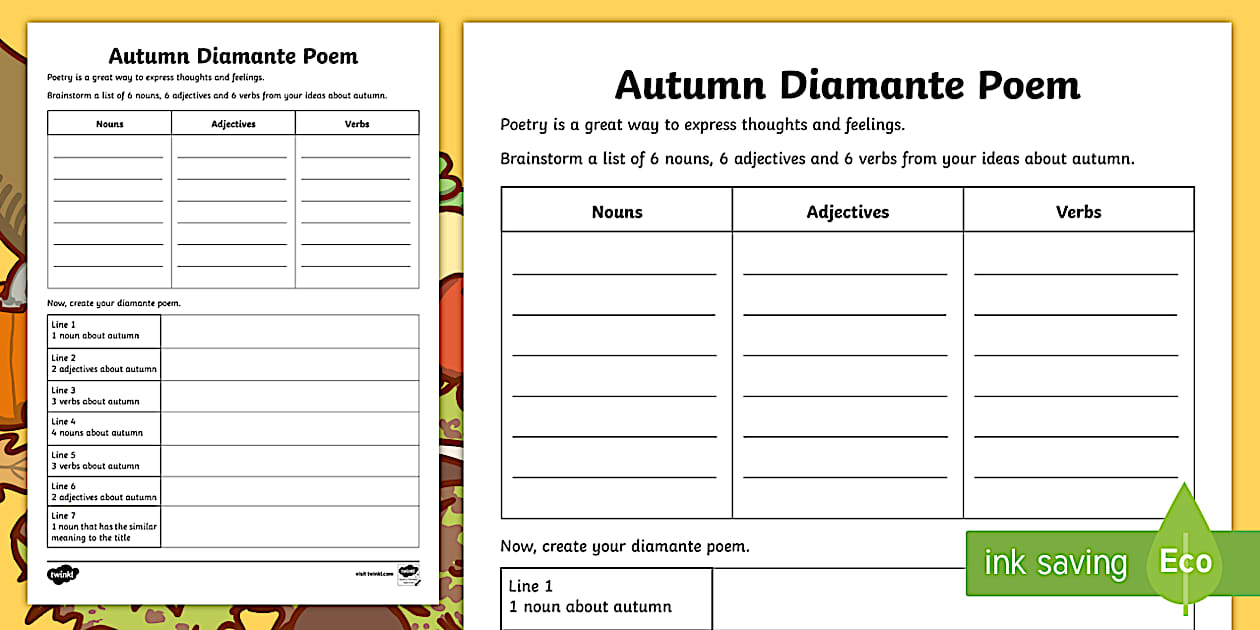 Autumn Diamante Poem Worksheet / Worksheet (teacher made)