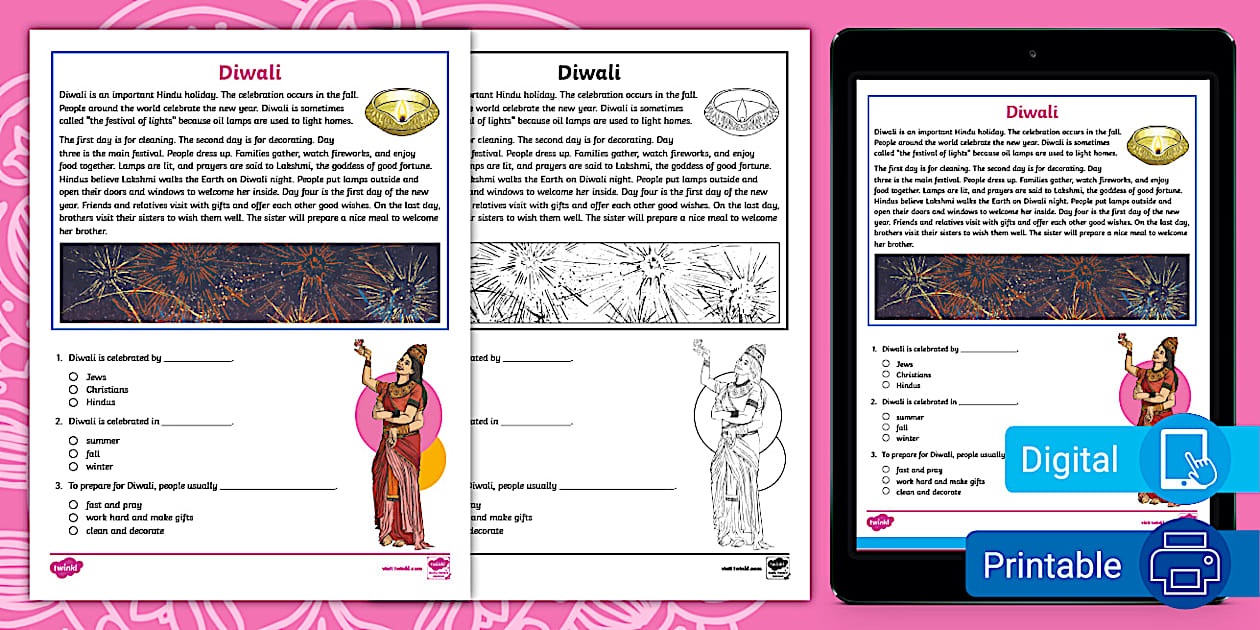 Third Grade Diwali Reading Passage Comprehension Worksheet