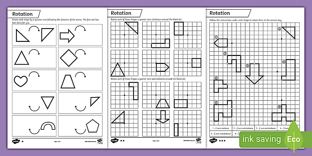 Centre of rotation & symmetry worksheets | shape translation