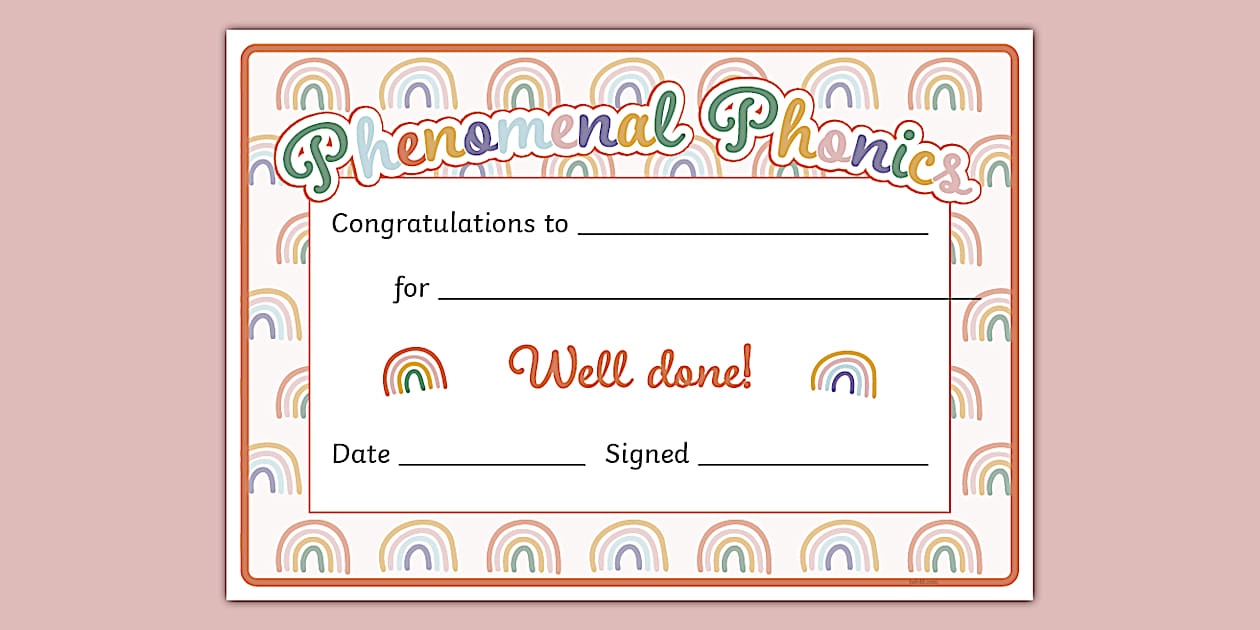 Muted Rainbow Themed Phenomenal Phonics Certificate - Twinkl
