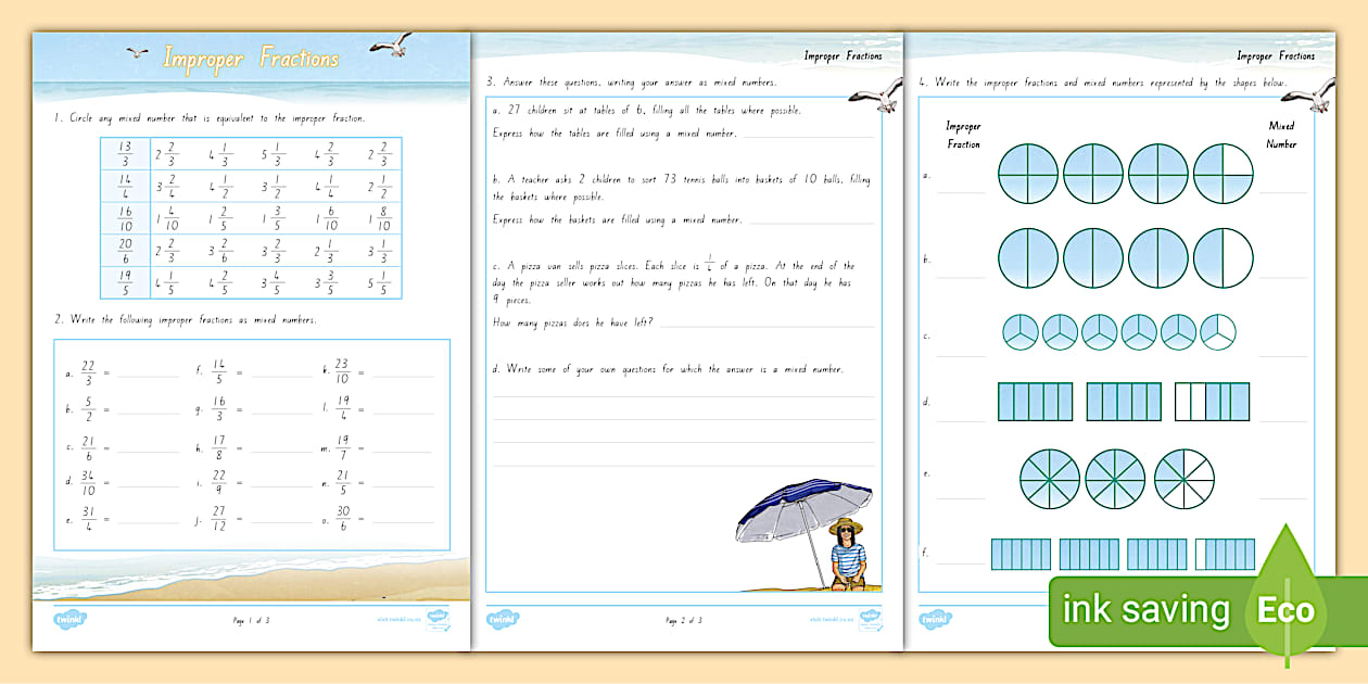 Improper Fractions Worksheet (teacher made) - Twinkl
