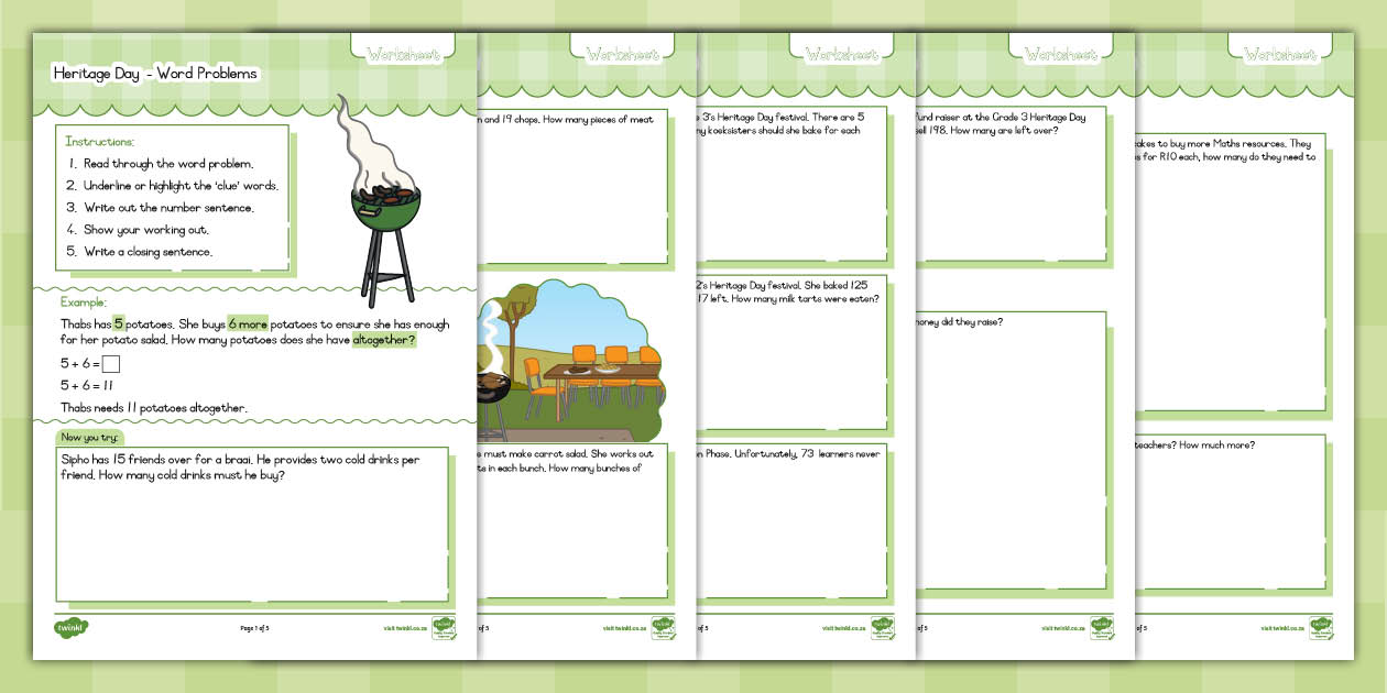 Foundation Phase Maths Heritage Day Word Problems Worksheet