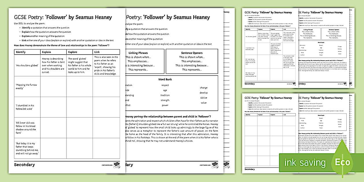 GCSE 'Follower' By Seamus Heaney Structured Analysis Differentiated ...