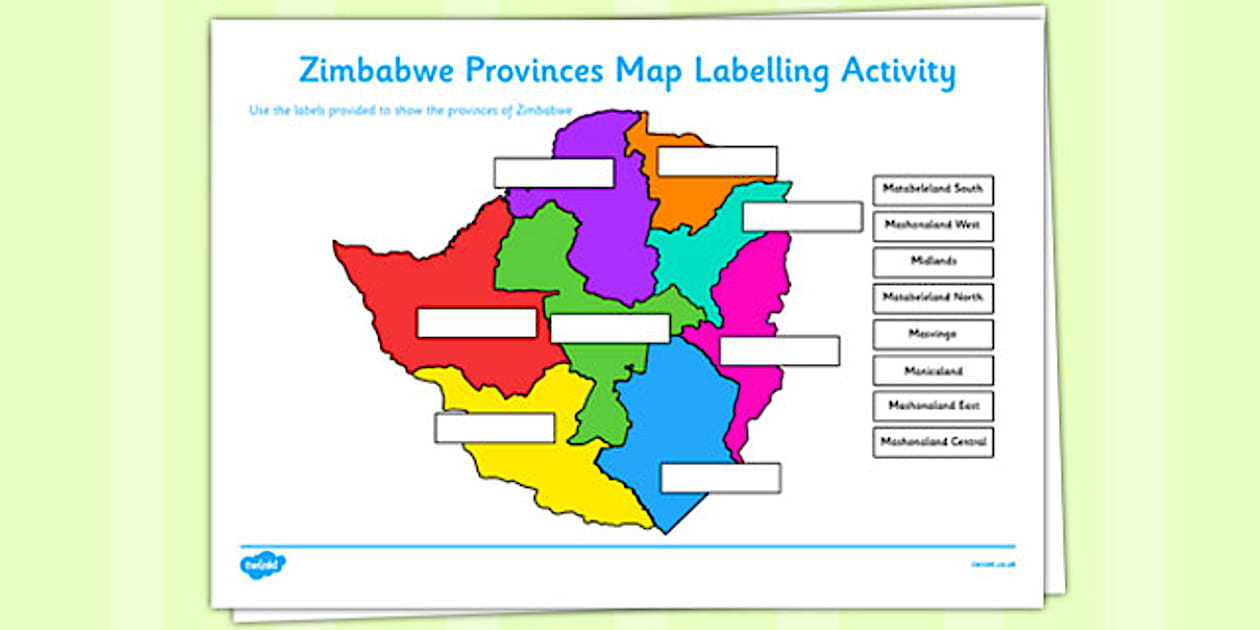 Zimbabwe Provinces Map Labelling Activity -africa, geography, ks2, ks1,