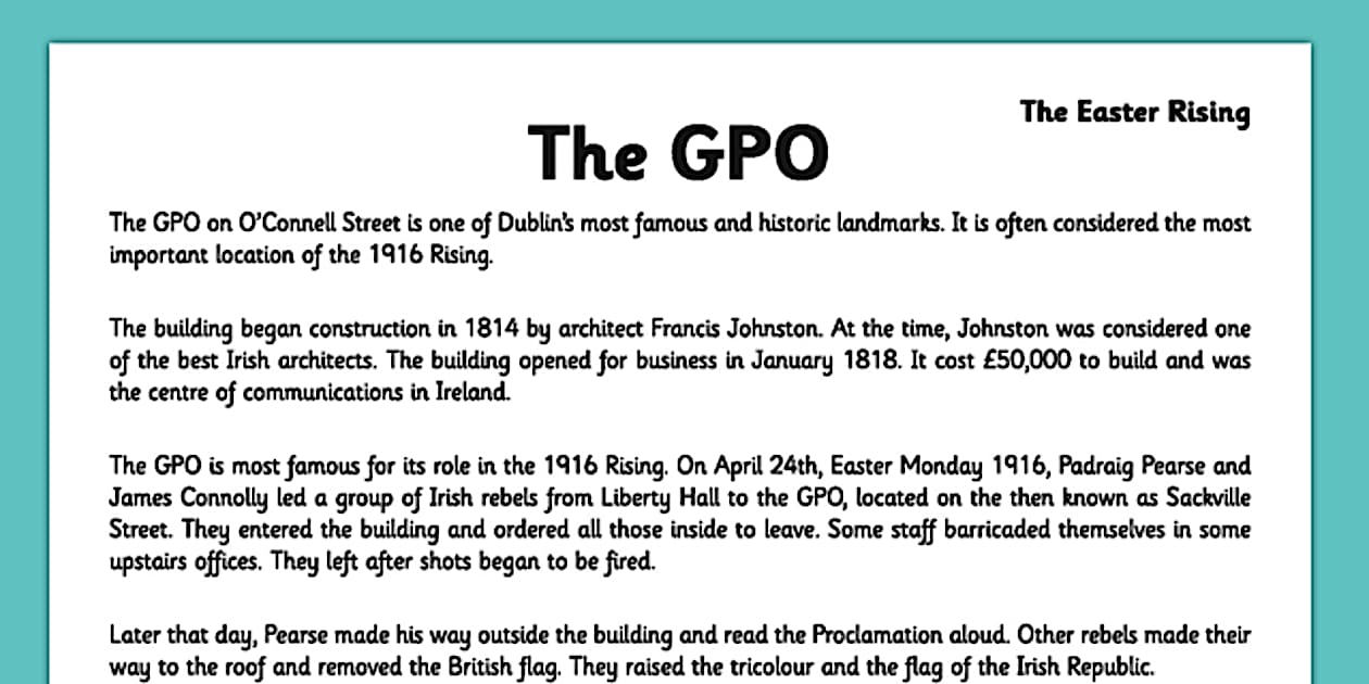Irish History 1916 Rising The GPO Comprehension Worksheet / Worksheet