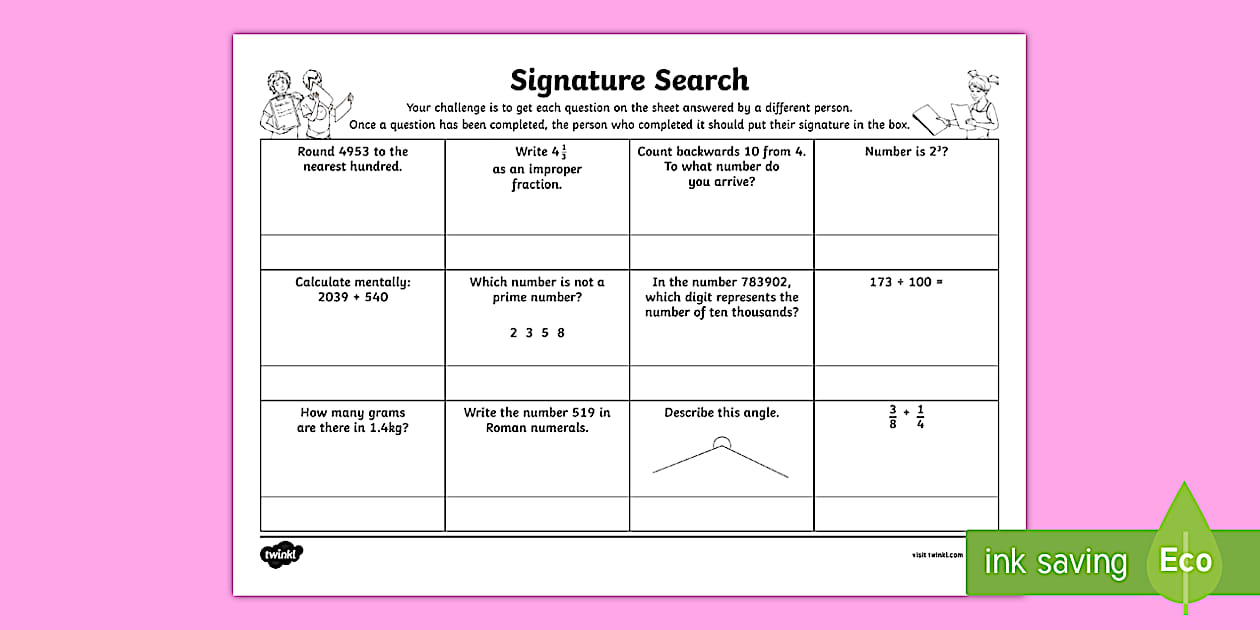 Year 5 Signature Search Maths Worksheet - Twinkl